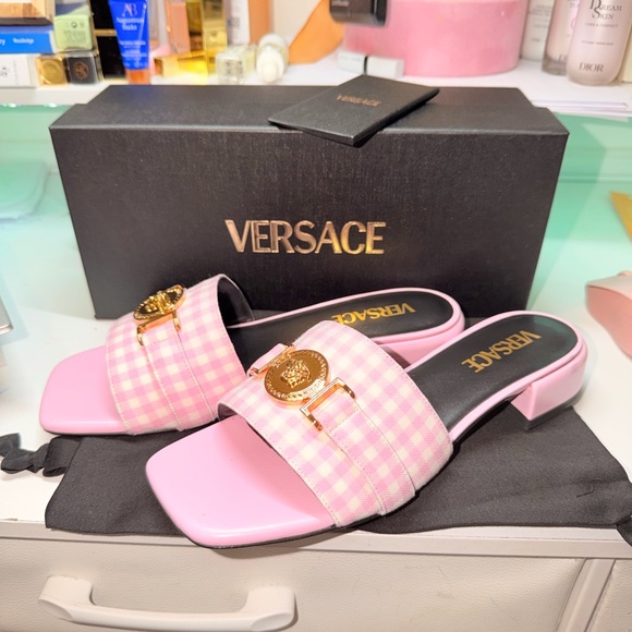 Versace | Shoes | Versace Womens Pink Leather Gold Medusa Sandals Flip ...